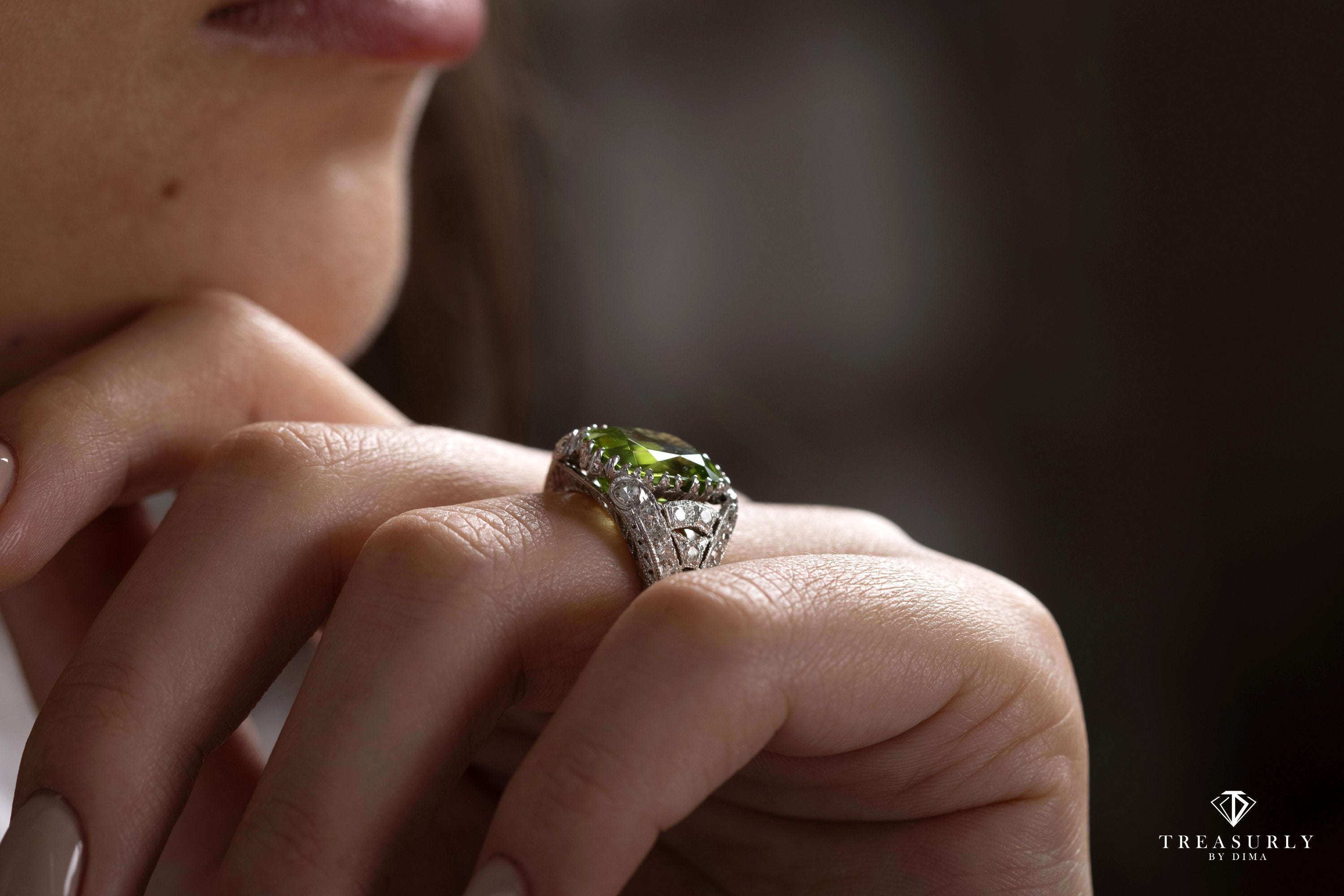 Edwardian GIA 7.87ct PERIDOT & DIAMOND Platinum Antique Vintage Ring ...