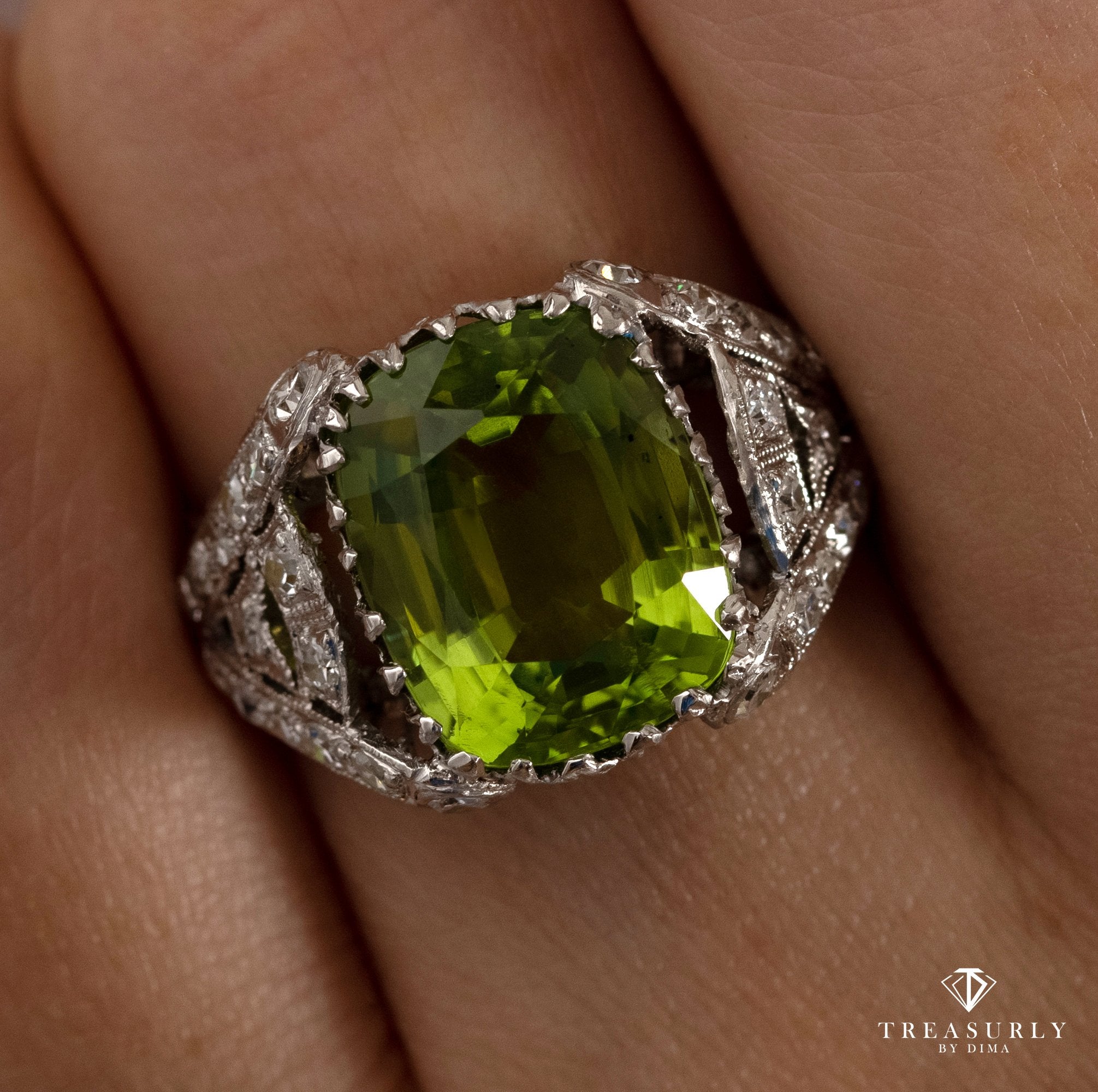Edwardian GIA 7.87ct PERIDOT & DIAMOND Platinum Antique Vintage Ring ...