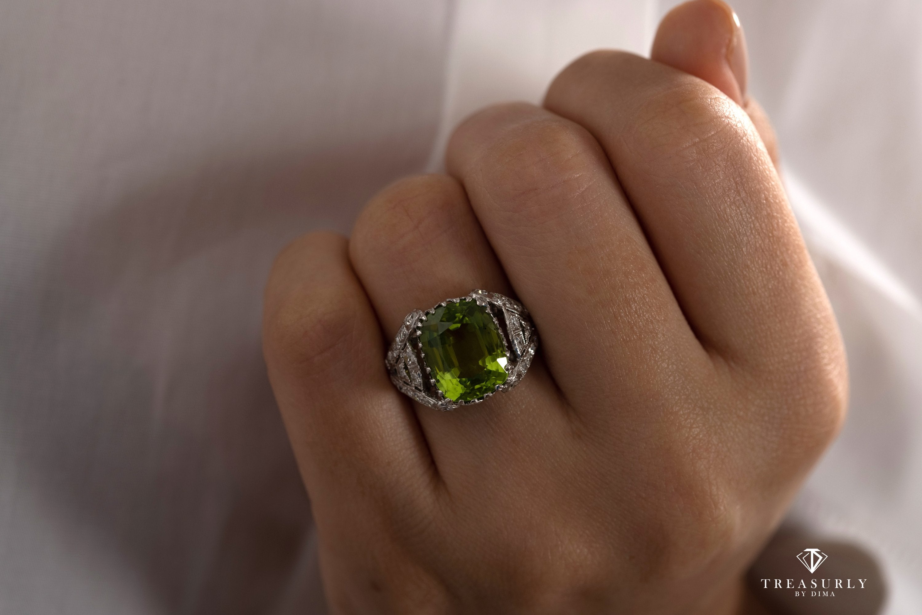 Edwardian GIA 7.87ct PERIDOT & DIAMOND Platinum Antique Vintage Ring ...