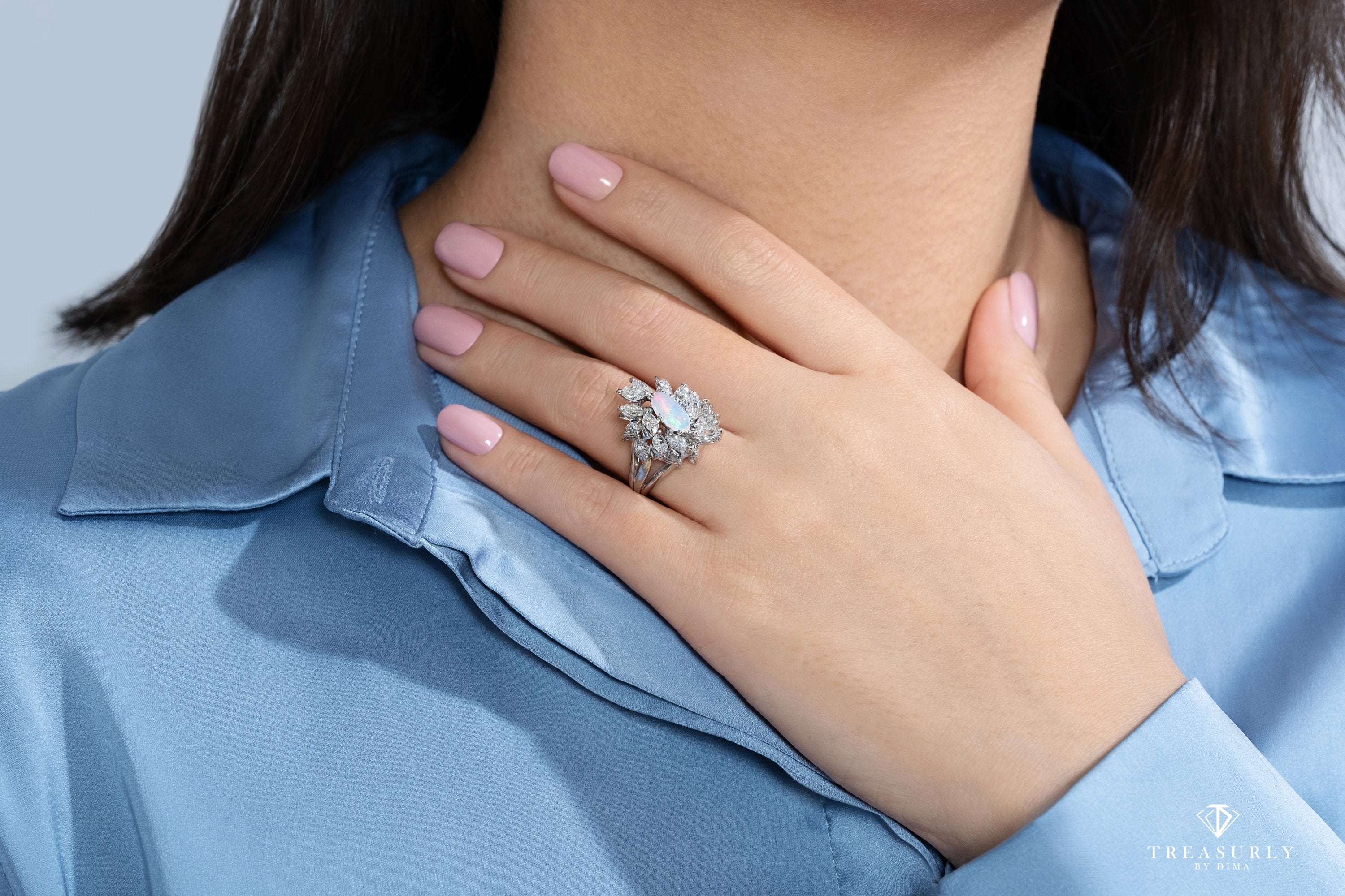 Estate Vintage 3.47ct Australian Opal and Diamond Cluster Cocktail Bal ...