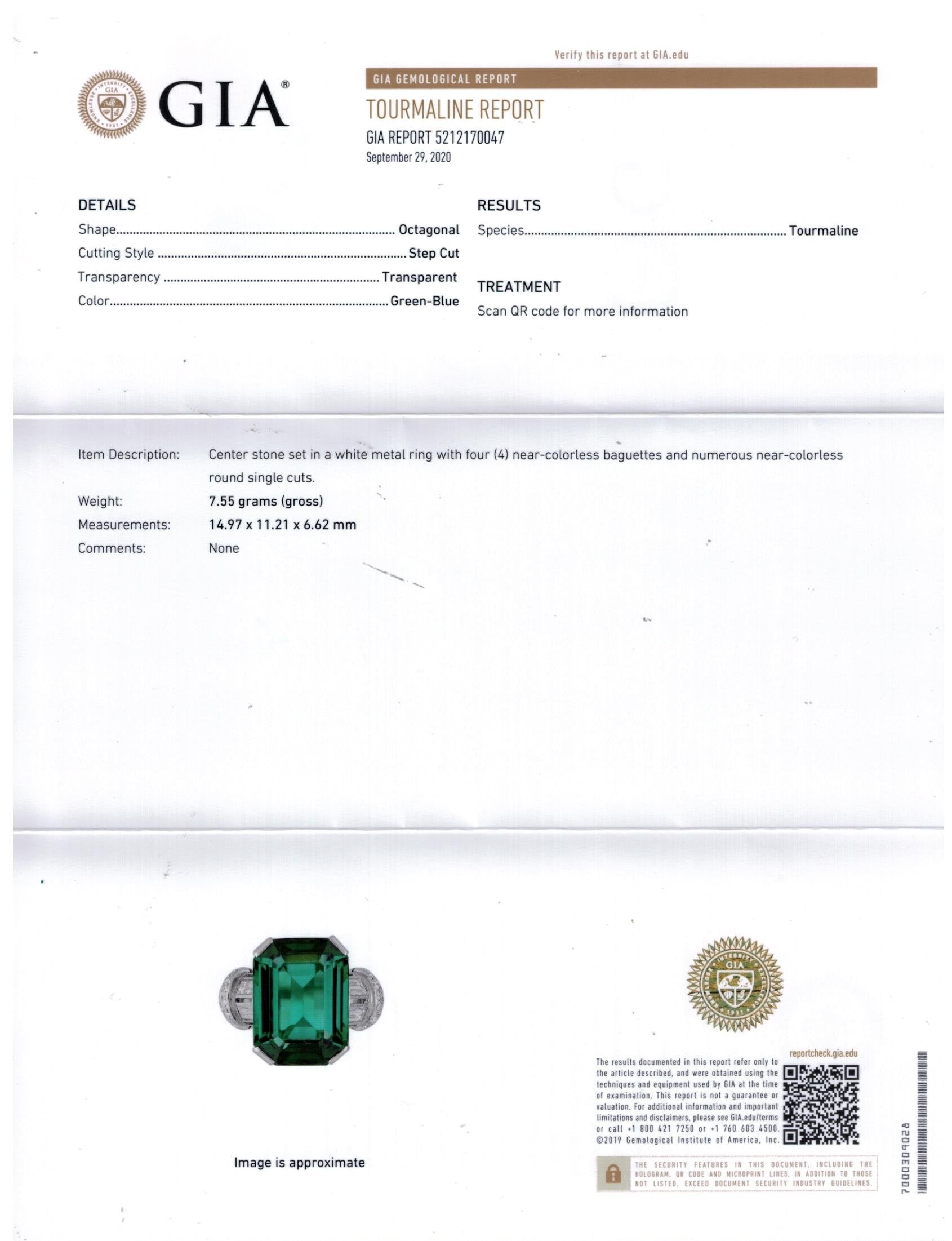 Original Art Deco GIA 9.40ctw Green-Blue Tourmaline Diamond Platinum V ...